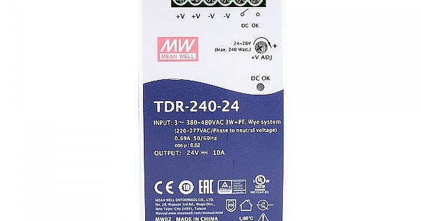 TDR-240-24 MEANWELL 240W 24VDC 10A 400/500VAC PFC 기능이 있는 슬림형 3상 산업용 DIN ...